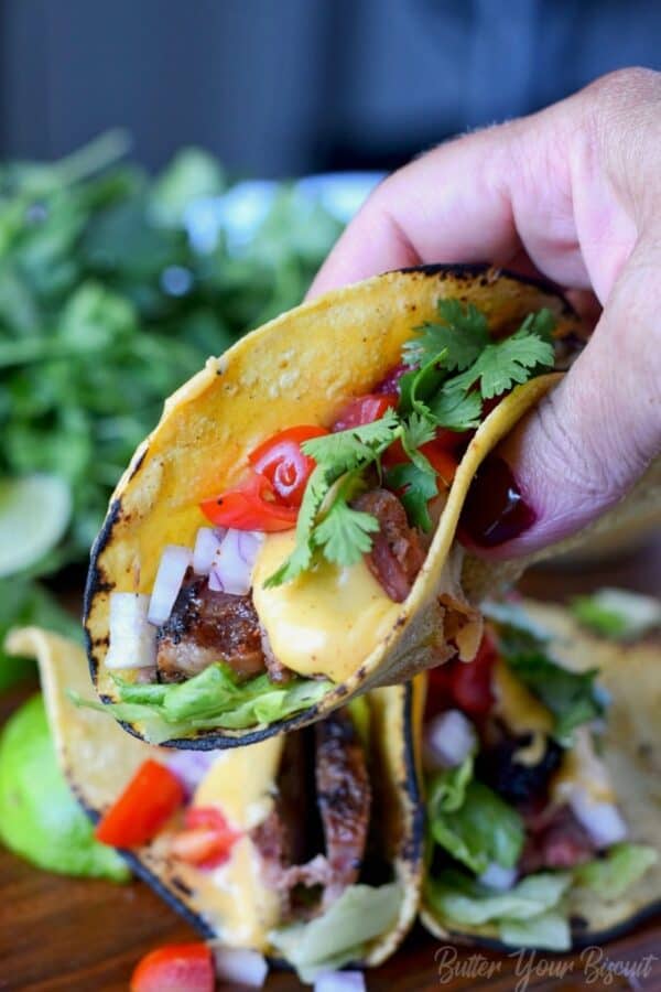 Grilled Steak Tacos with Nacho Cheese Sauce | Butter Your Biscuit