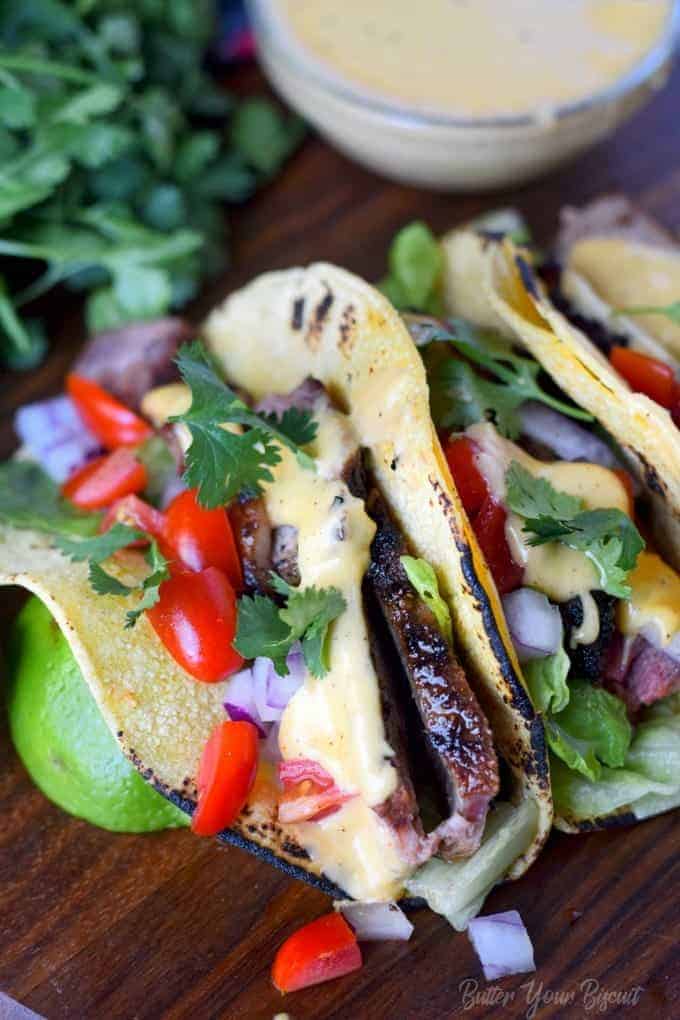 Grilled Steak Tacos with Nacho Cheese Sauce | Butter Your Biscuit