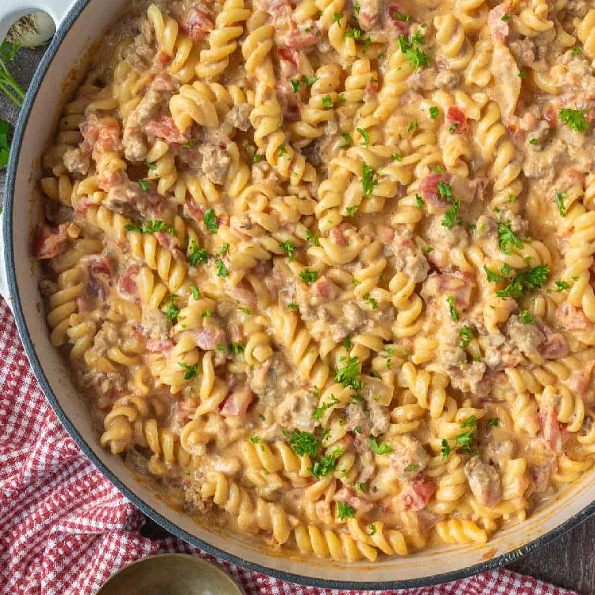 Creamy Rotel Pasta with Sausage | Butter Your Biscuit